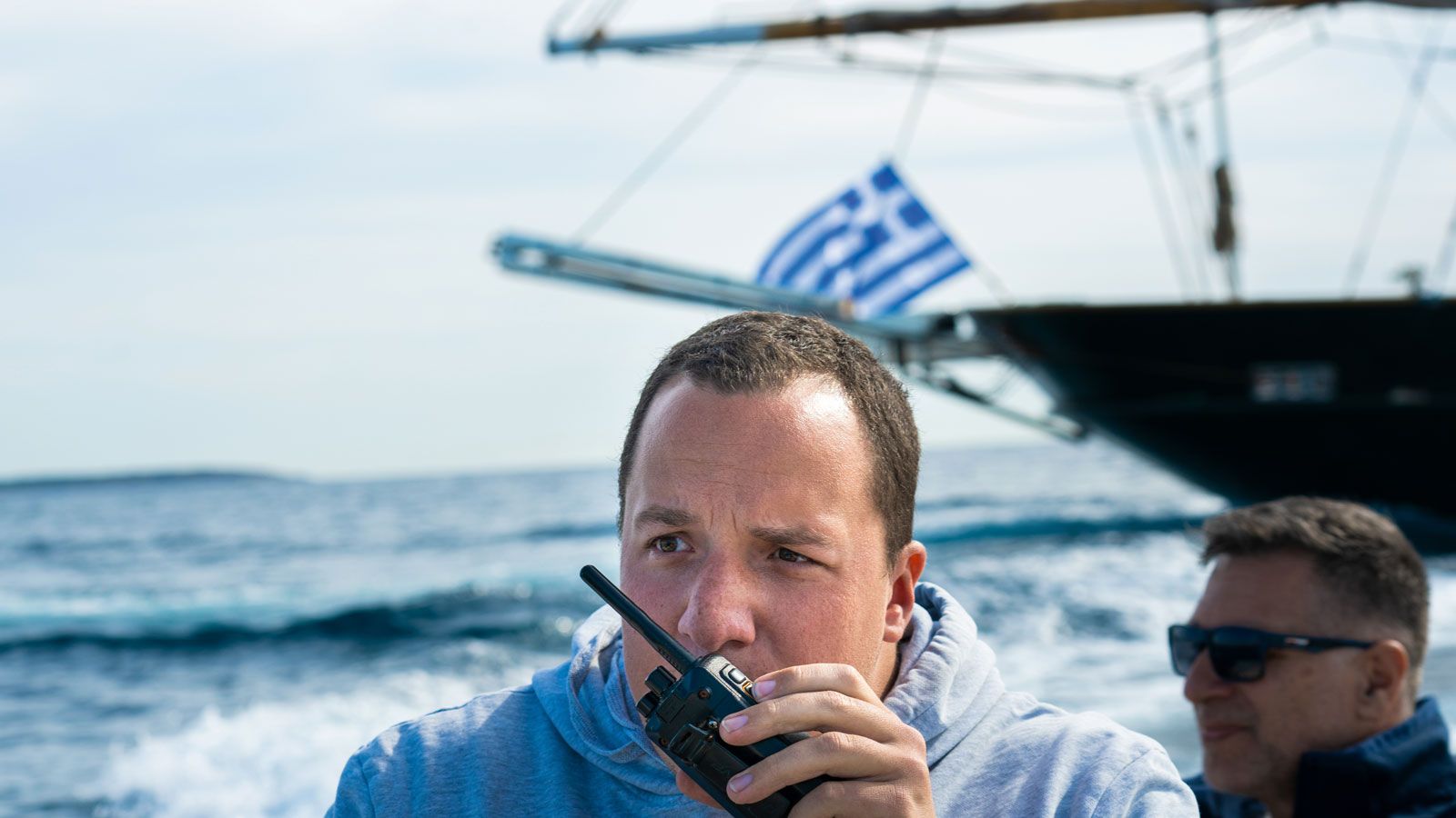 On board the 46m schooner Arktos with owner Panagos P Lemos